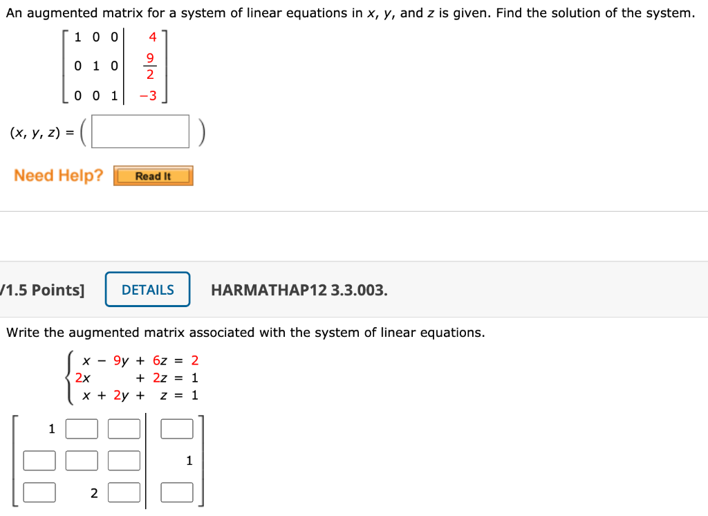 Solved An augmented matrix for a system of linear equations | Chegg.com