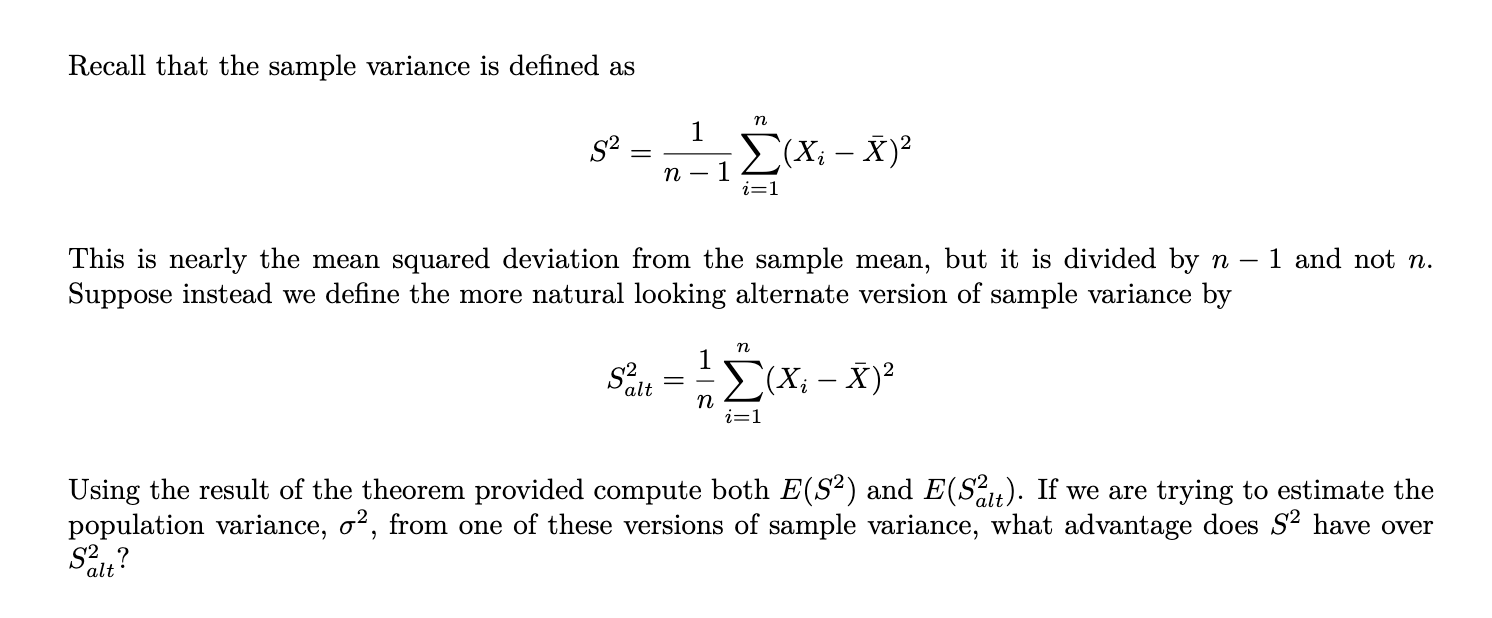 Solved Recall that the sample variance is defined as | Chegg.com