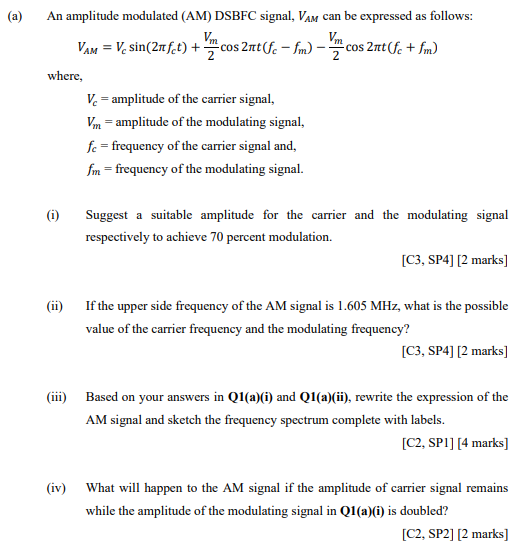 Solved (a) An amplitude modulated (AM) DSBFC signal, VAM can | Chegg.com