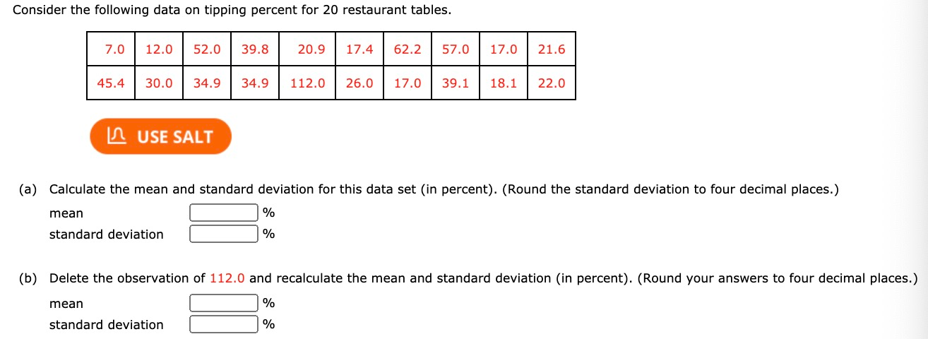 Solved Consider the following data on tipping percent for 20 | Chegg.com