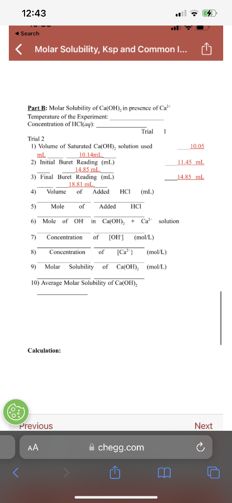 12:43 4 Search Molar Solubility, Ksp and Common I... | Chegg.com