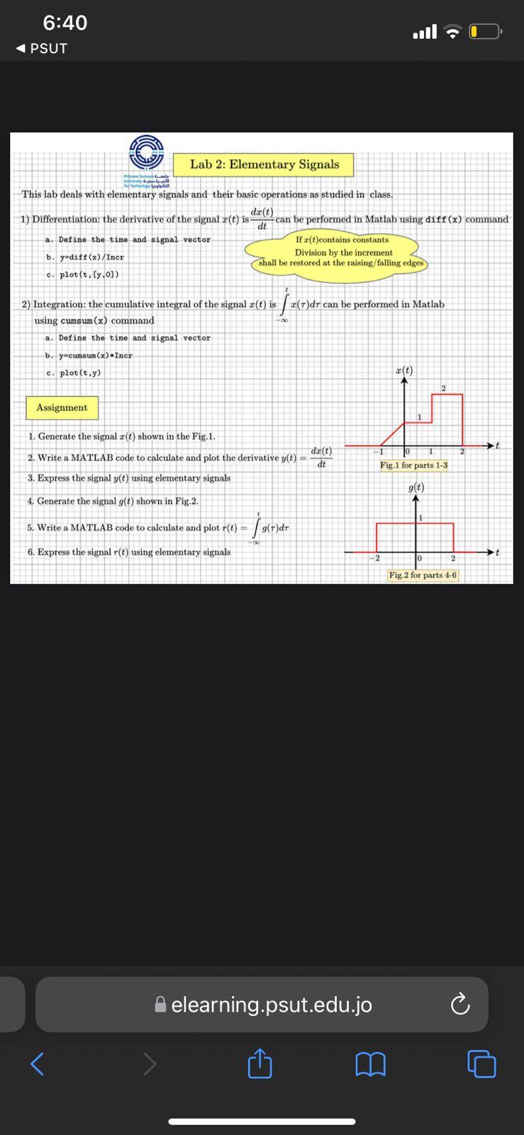 Solved 6:40 PSUT Lab 2: Elementary Signals انواعها 11 م dt | Chegg.com