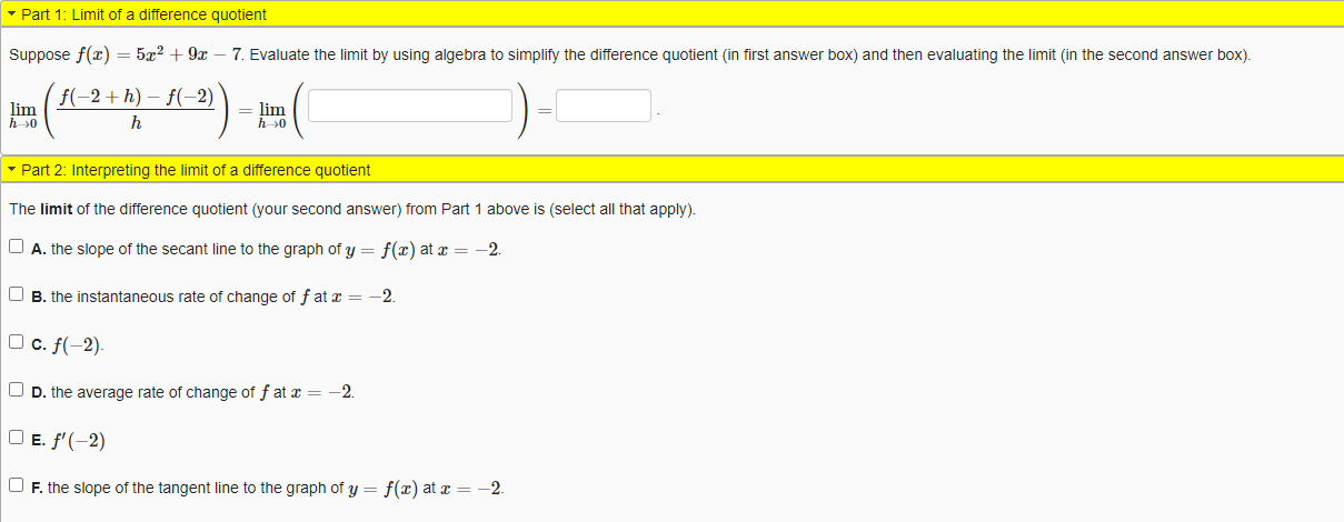 Solved Part 1: Limit of a difference quotient Suppose f(x) = | Chegg.com