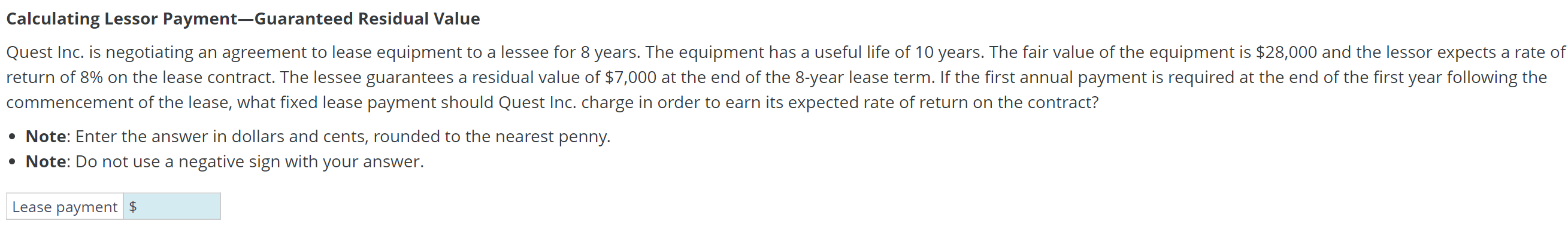 Solved Calculating Lessor Payment-Guaranteed Residual Value | Chegg.com