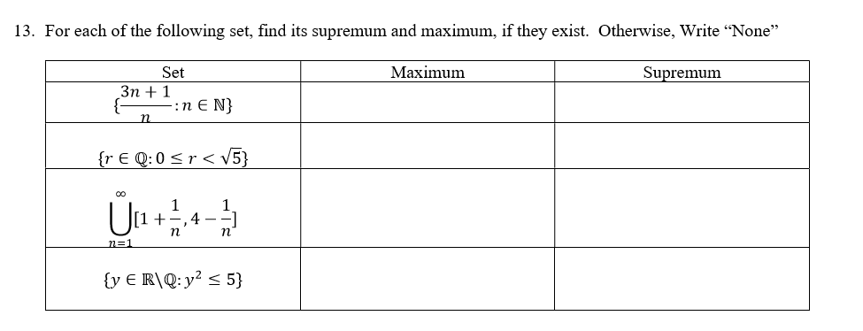 Solved 13. For each of the following set, find its supremum | Chegg.com