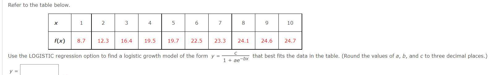 Solved Refer to the table below. y=Refer to the table below. | Chegg.com