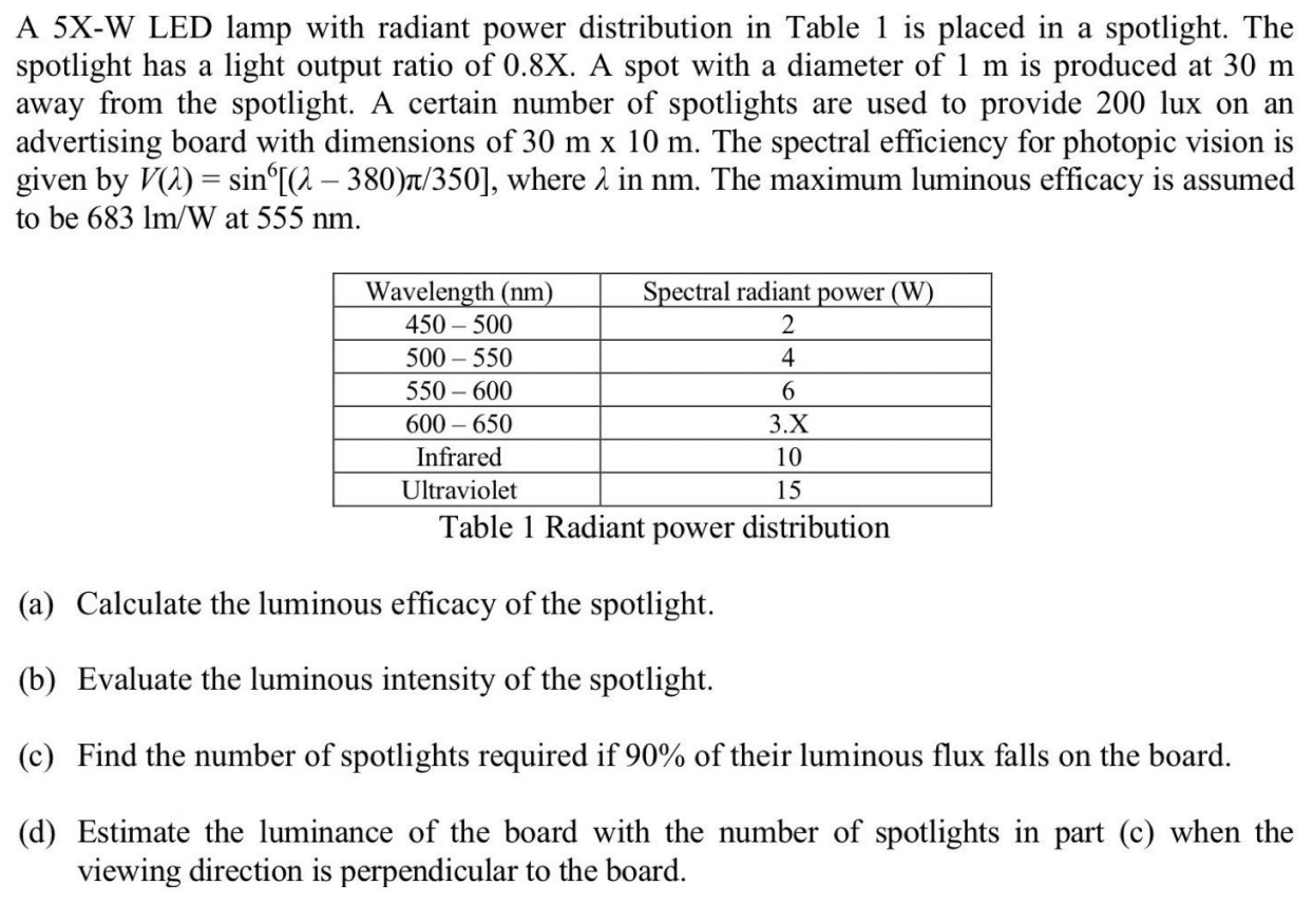 A 5X-W LED lamp with radiant power distribution in | Chegg.com