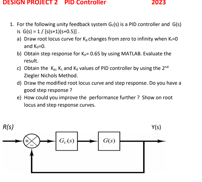 Solved DESIGN PROJECT 2 ﻿PID Controller2023For the following | Chegg.com