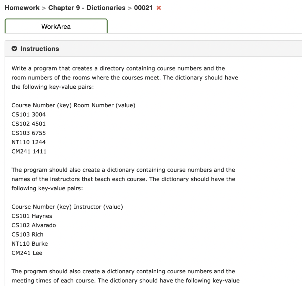 Solved Homework > Chapter 9 - Dictionaries >00021x | Chegg.com