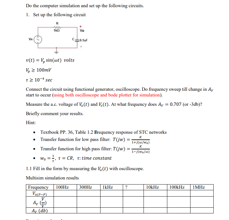 Solved Do the computer simulation and set up the following | Chegg.com