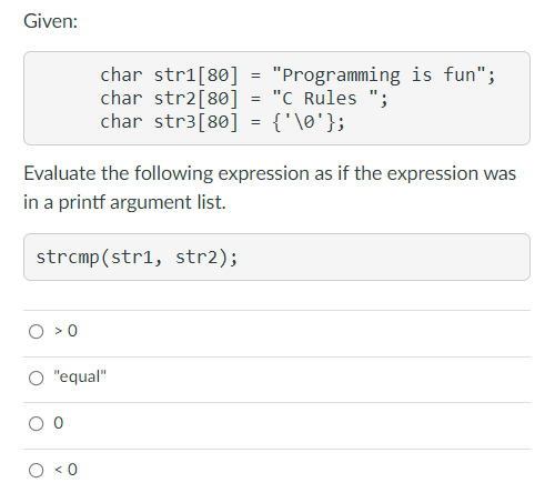 Solved Given: char str1[80] = "Programming is fun"; char | Chegg.com