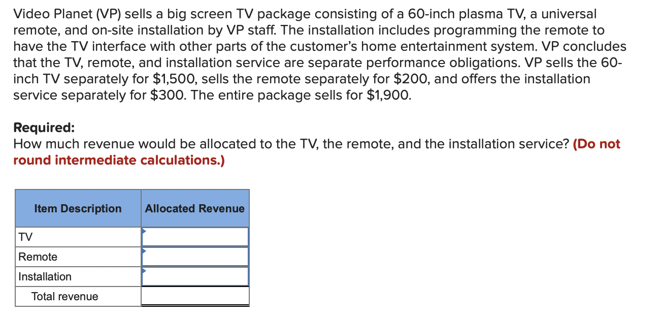 Solved Video Planet (VP) sells a big screen TV package | Chegg.com