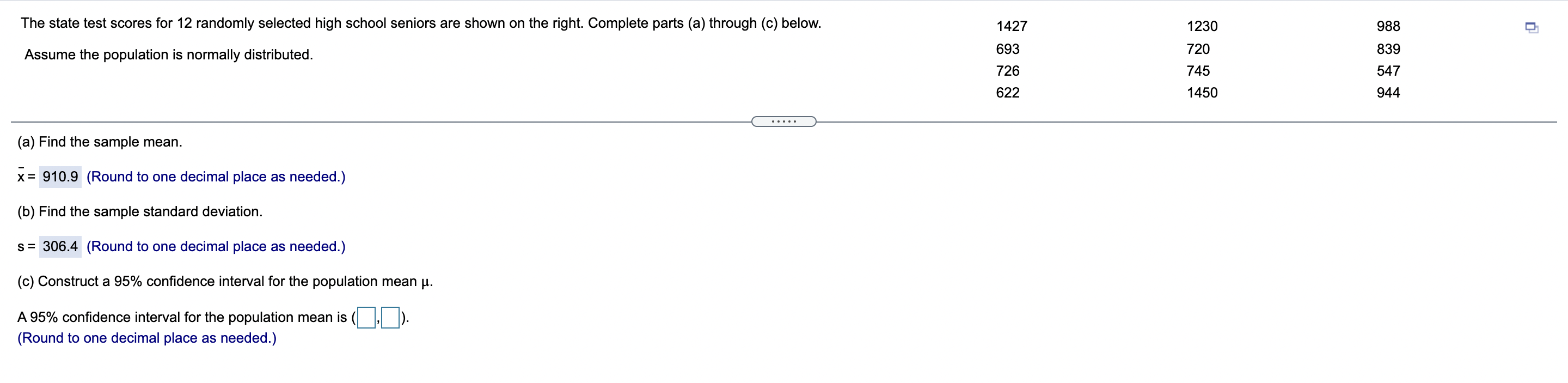 Solved The state test scores for 12 randomly selected high | Chegg.com