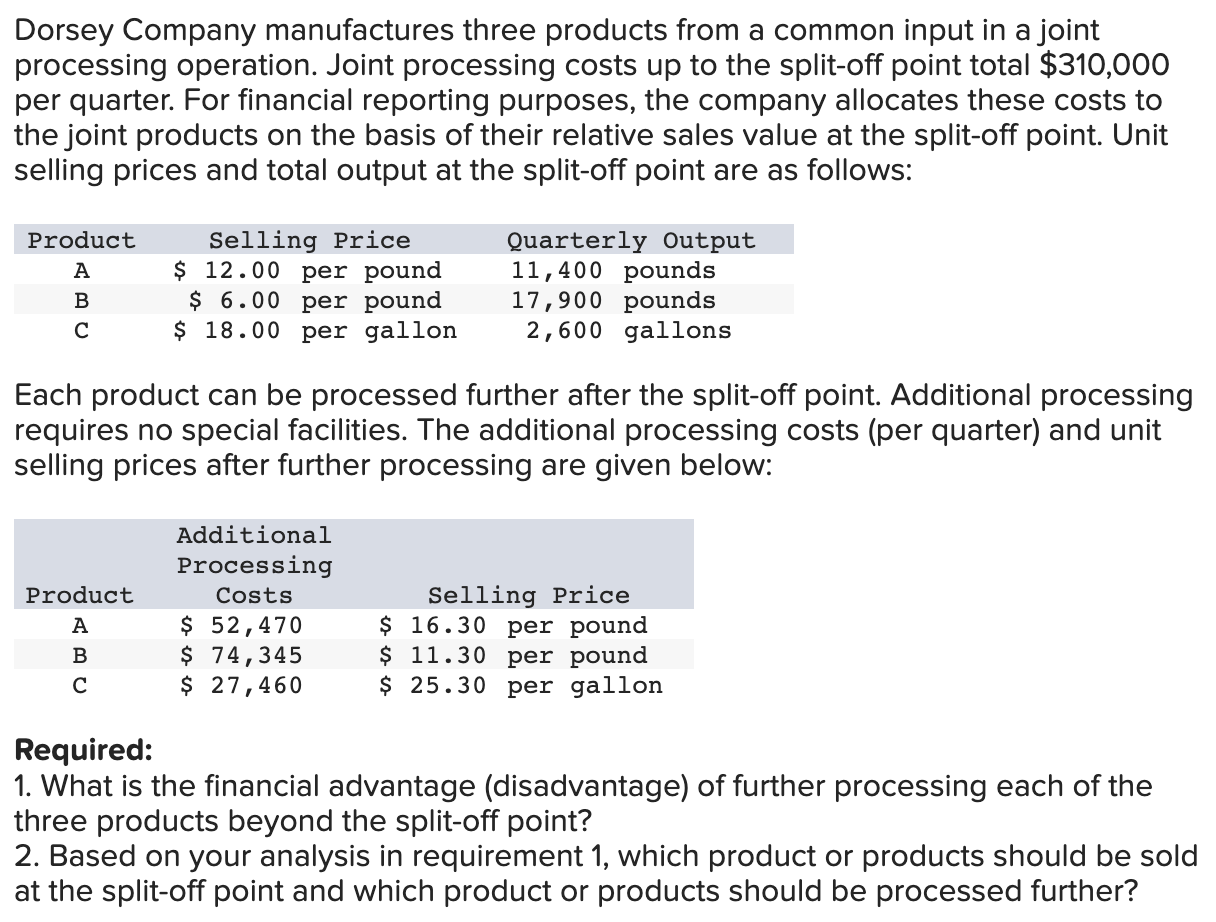 Solved Dorsey Company manufactures three products from a | Chegg.com