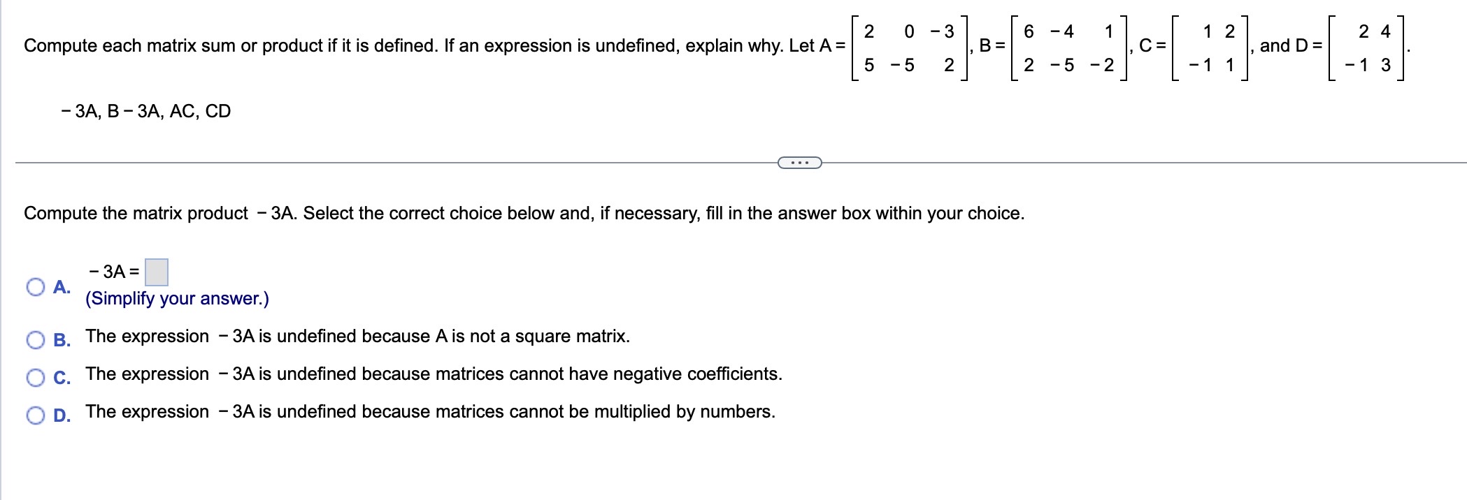 Solved −3A,B−3A,AC,CD Compute the matrix product - 3A. | Chegg.com