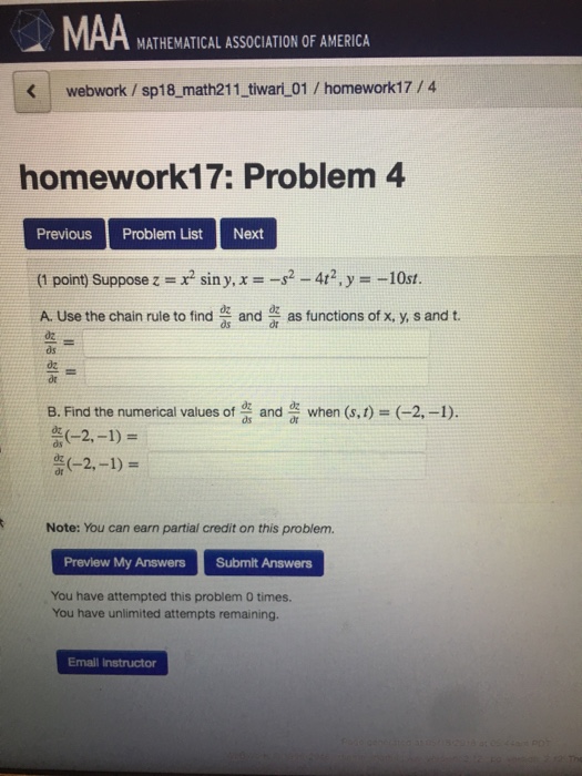 Solved MATHEMATICAL ASSOCIATION OF AMERICA webwork / sp18 | Chegg.com
