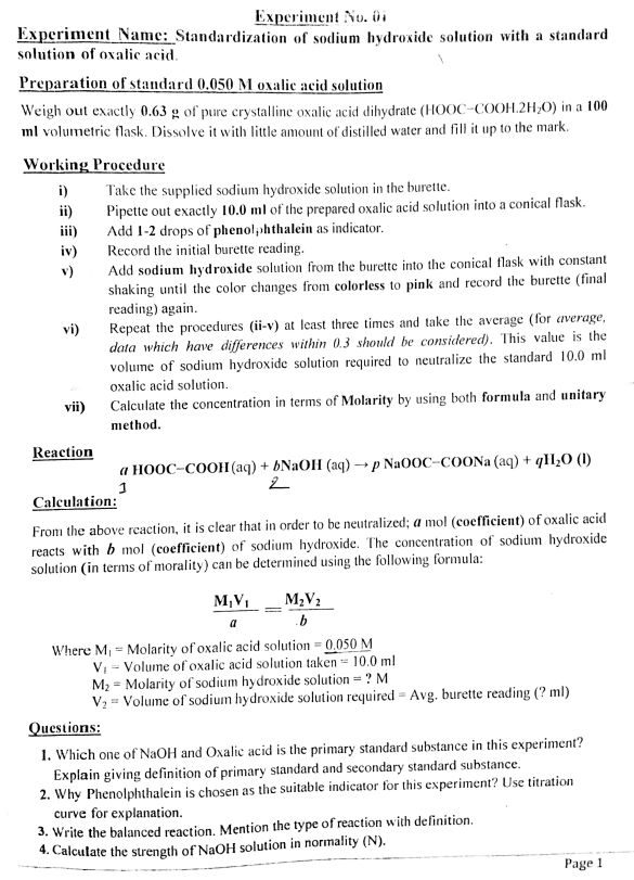 Solved Experiment No. 01 Experiment Name: Standardization of | Chegg.com