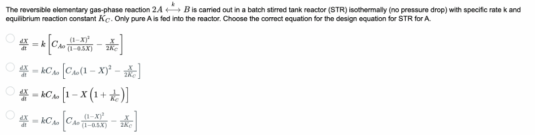 Solved The reversible elementary gas-phase reaction | Chegg.com
