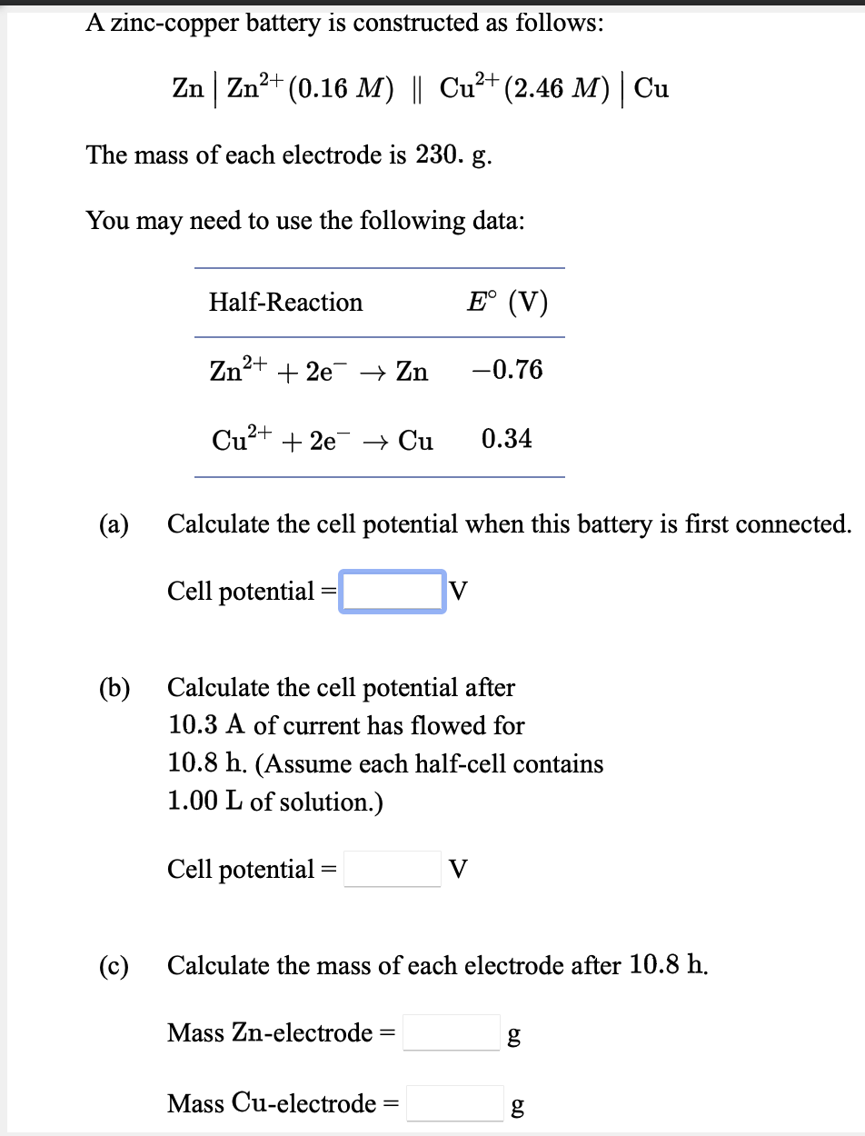 Solved A zinc-copper battery is constructed as follows: Zn | | Chegg.com
