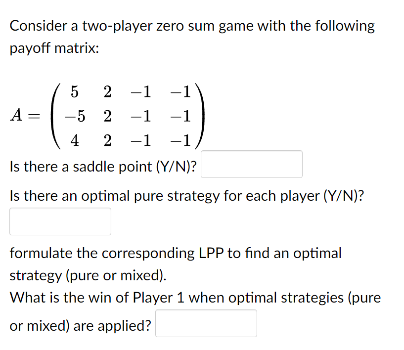 Solved Consider a two-player zero sum game with the | Chegg.com