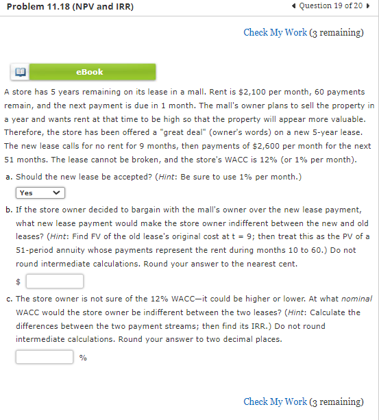 Solved Problem 11.18 (NPV and IRR) Question 19 of 20 Check | Chegg.com