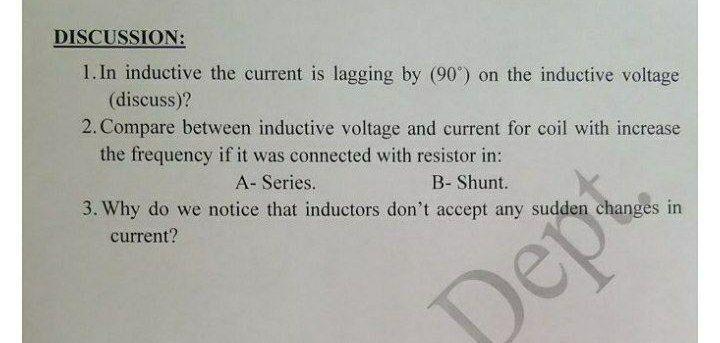 Solved DISCUSSION: 1. In inductive the current is lagging by | Chegg.com
