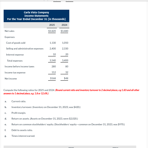 Solved Carla vista Company Balance Sheets December 31 (in | Chegg.com