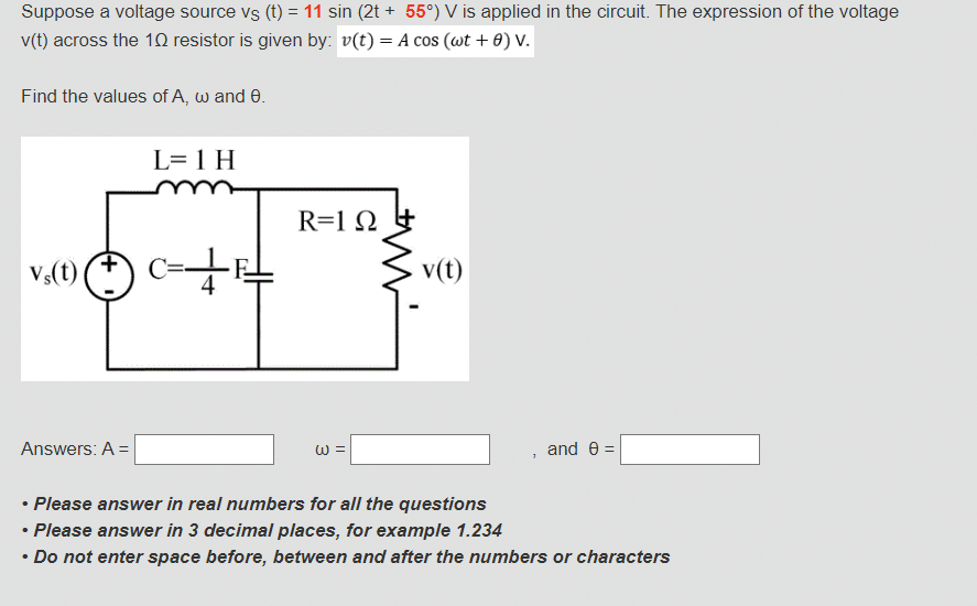 Solved Suppose a voltage source vS(t)=11sin(2t+55∘)V is | Chegg.com