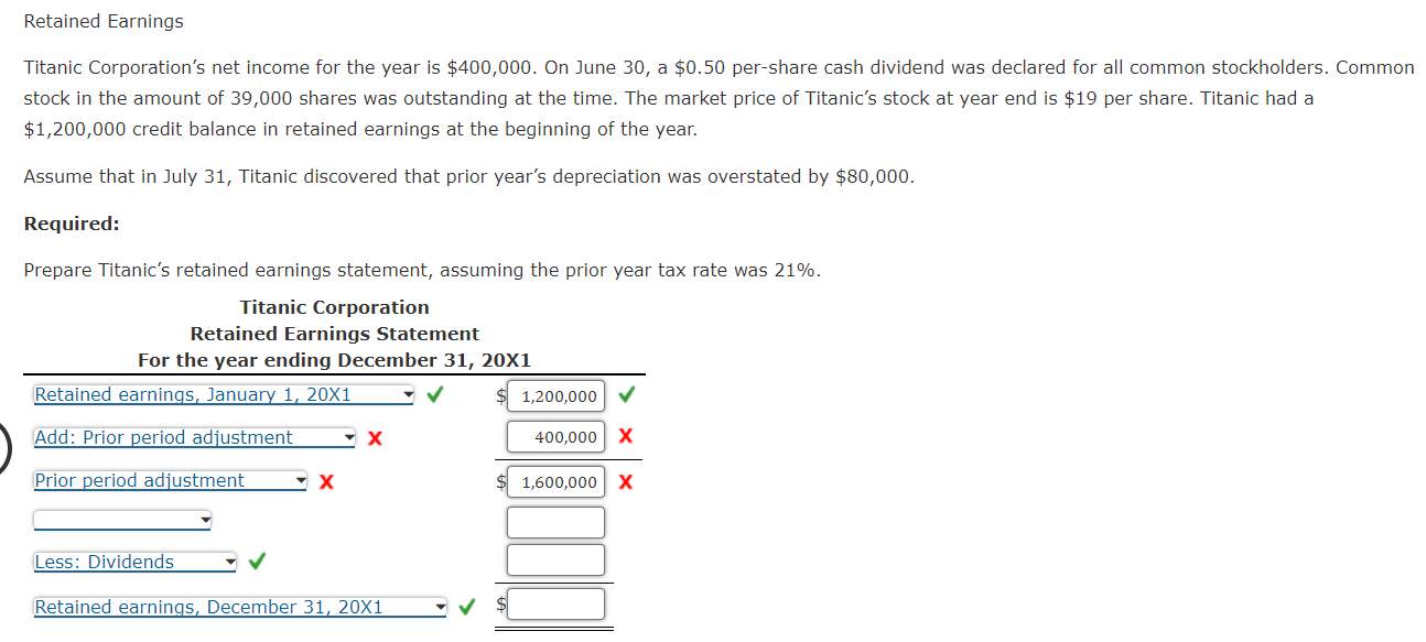 Solved Retained Earnings Titanic Corporation's net income | Chegg.com