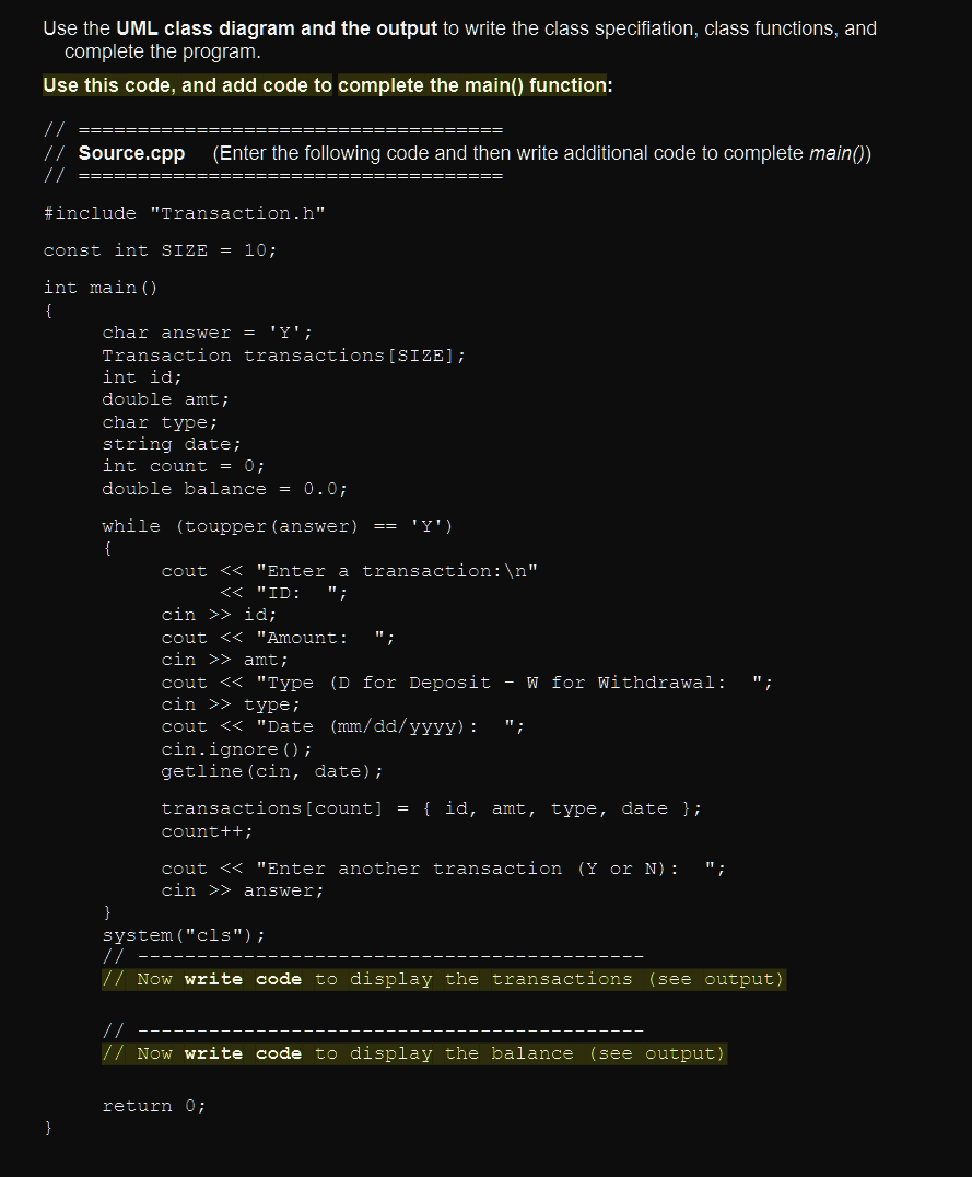 Solved Use the UML class diagram and the output to write the | Chegg.com