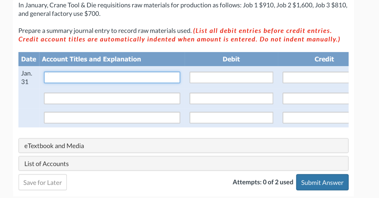 Solved In January, Crane Tool \& Die requisitions raw | Chegg.com