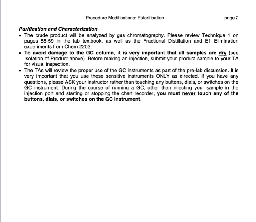 Solved CHEM 2204 Modifications for Expt 8B: Esterification | Chegg.com