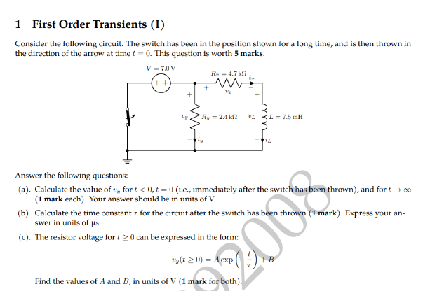 Solved 1 ﻿First Order Transients (I)Consider the following | Chegg.com