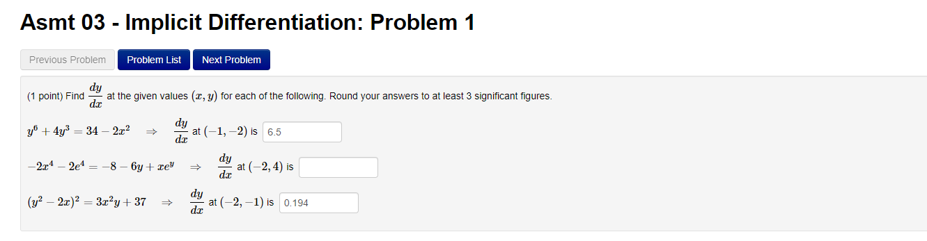 Solved Asmt 03 - Implicit Differentiation: Problem 1 | Chegg.com
