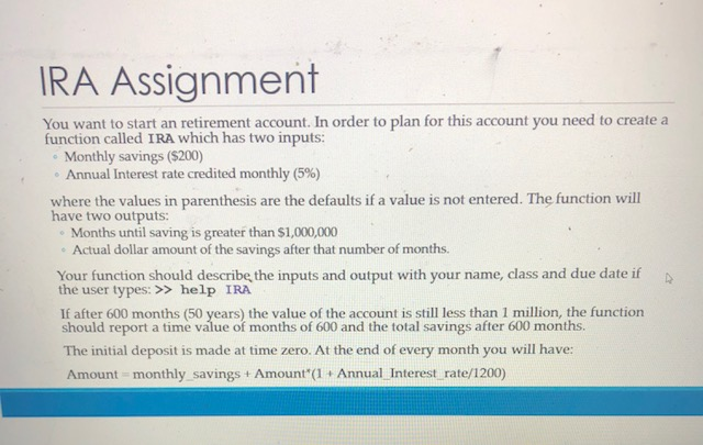 Solved IRA Assignment Test Output >> [n, a]=IRA ( [ ] ,[]) | Chegg.com