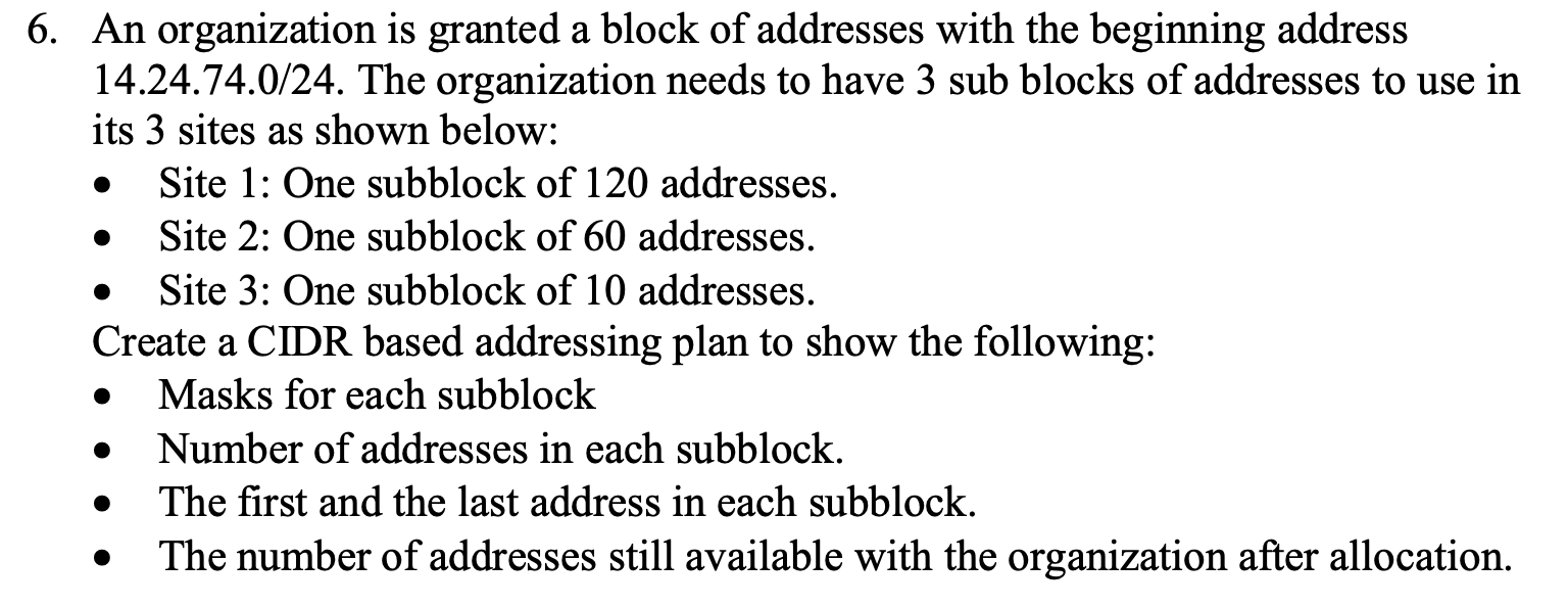 Solved 6. An organization is granted a block of addresses | Chegg.com