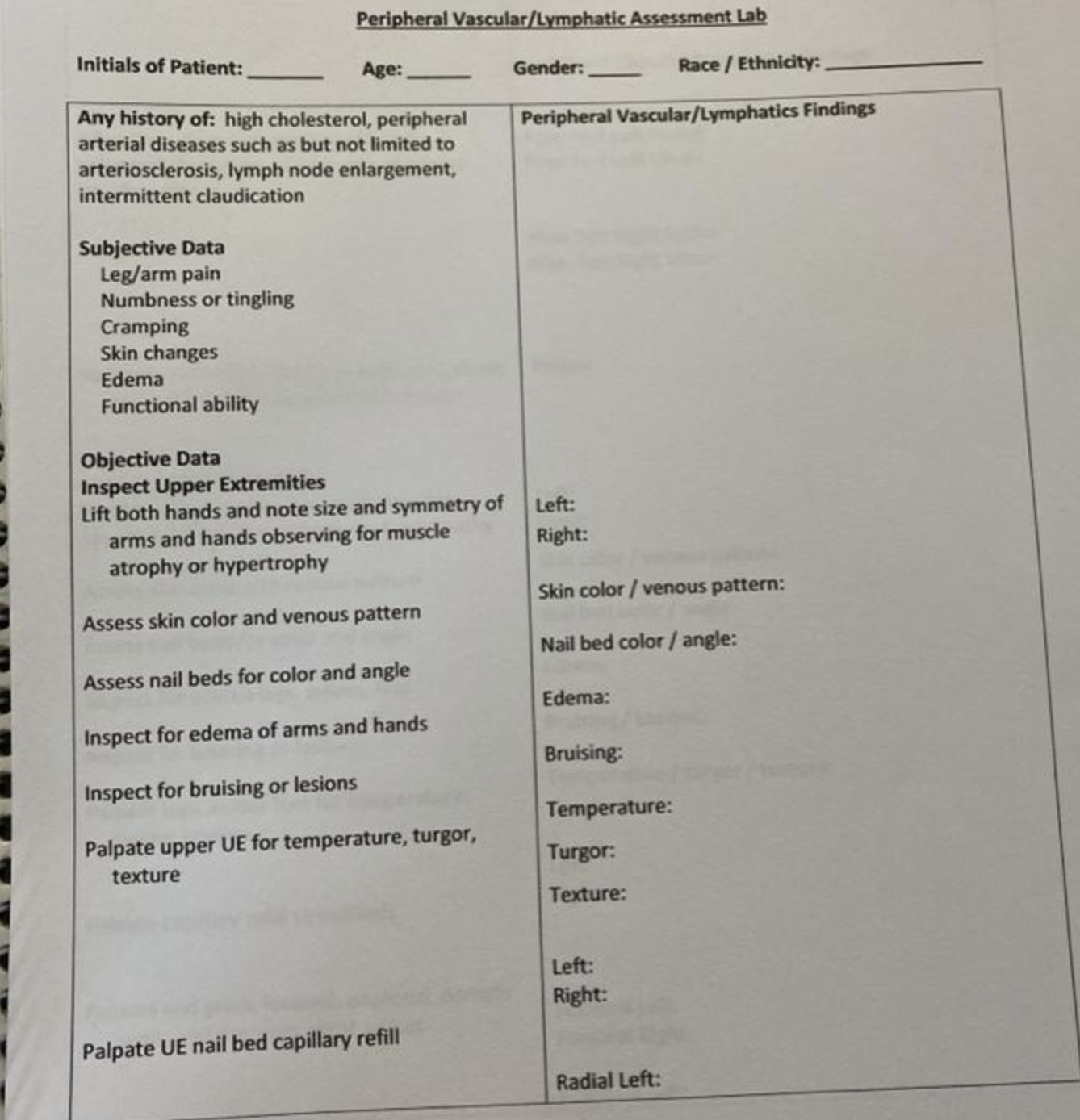 Peripheral Vascular/Lymphatic Assessment Lab Initials | Chegg.com