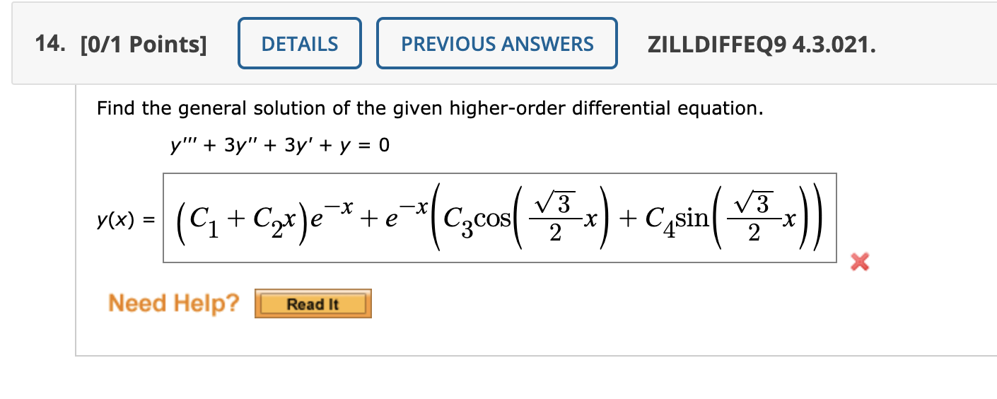 Solved 14. [0/1 Points] DETAILS PREVIOUS ANSWERS ZILLDIFFEQ9 | Chegg.com