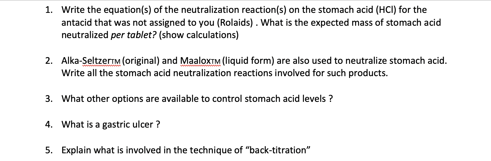 Solved 1. Write the equation(s) of the neutralization | Chegg.com