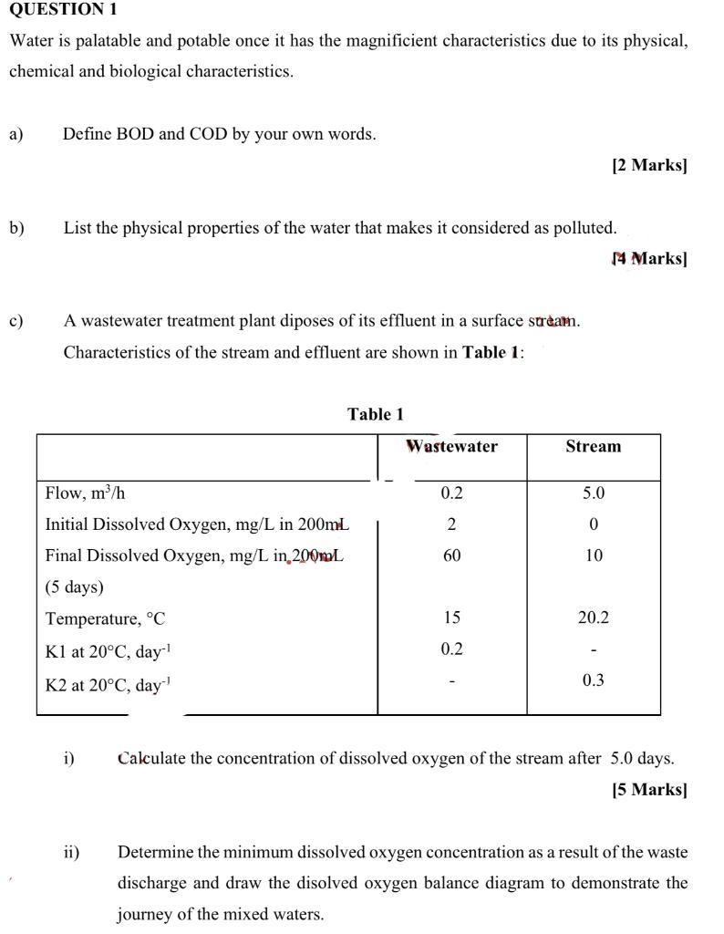 Solved QUESTION 1 Water is palatable and potable once it has | Chegg.com