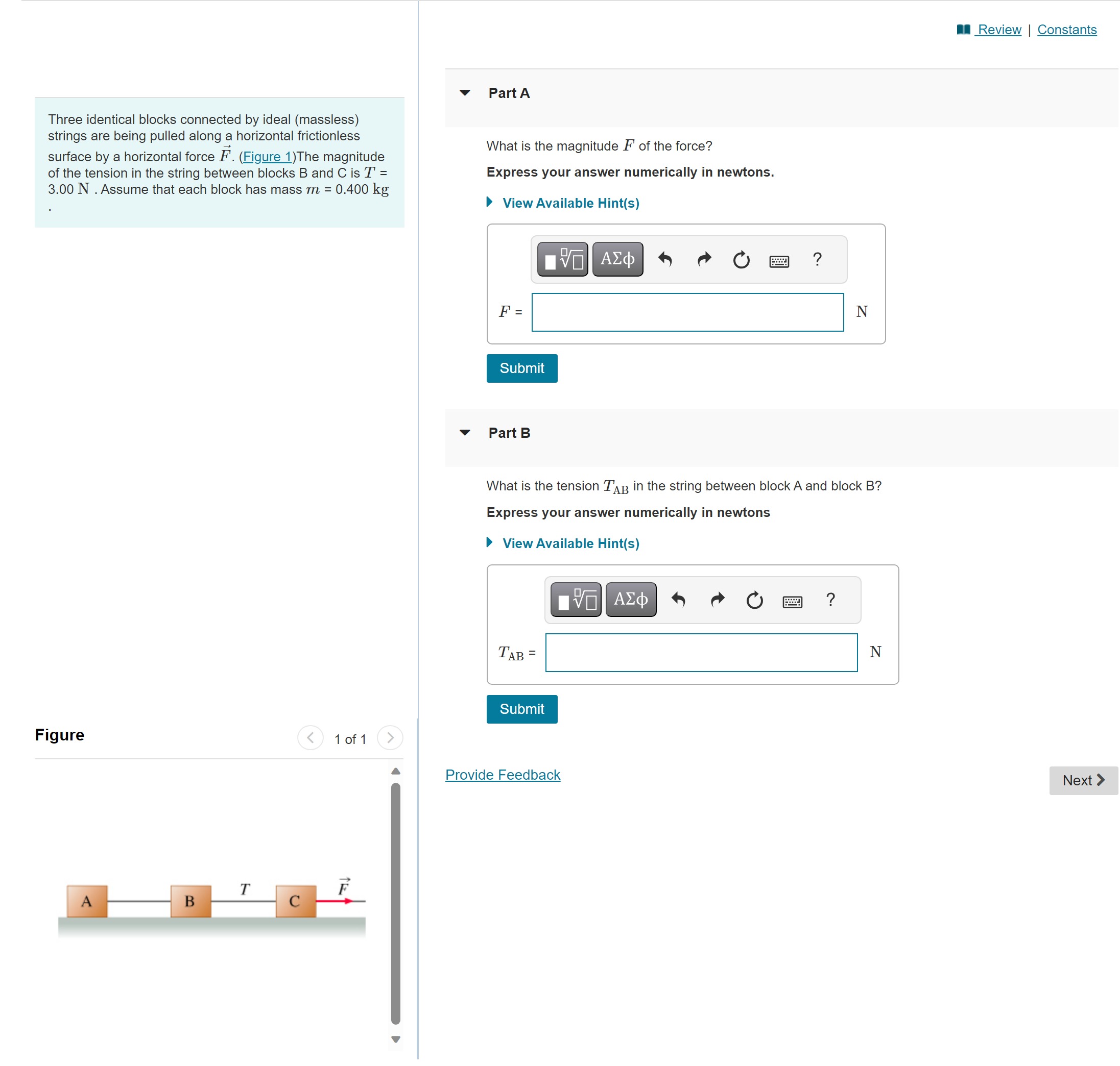Solved Three identical blocks connected by ideal (massless) | Chegg.com