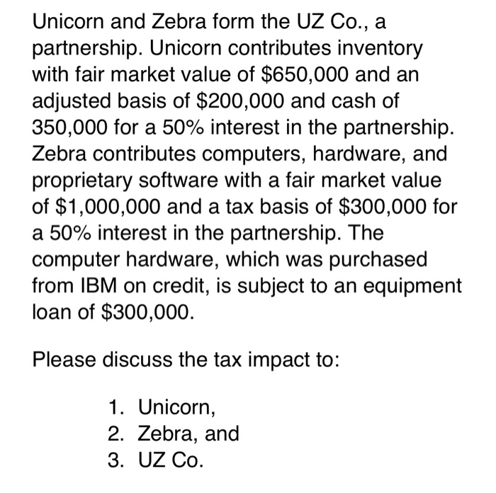Solved Unicorn and Zebra form the UZ Co., a partnership. | Chegg.com