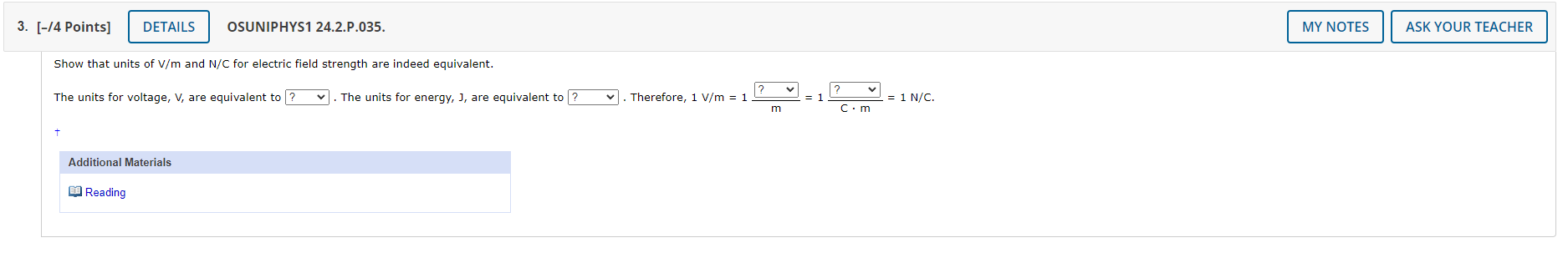 Solved Show that units of V/m and N/C for electric field | Chegg.com
