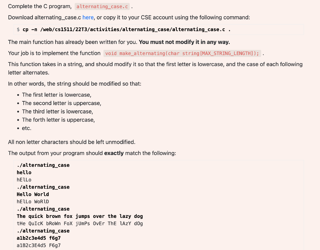 Solved Complete the C program, Download alternating_case.c | Chegg.com