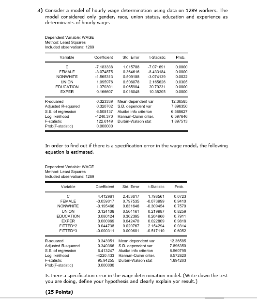 3) Consider a model of hourly wage determination | Chegg.com