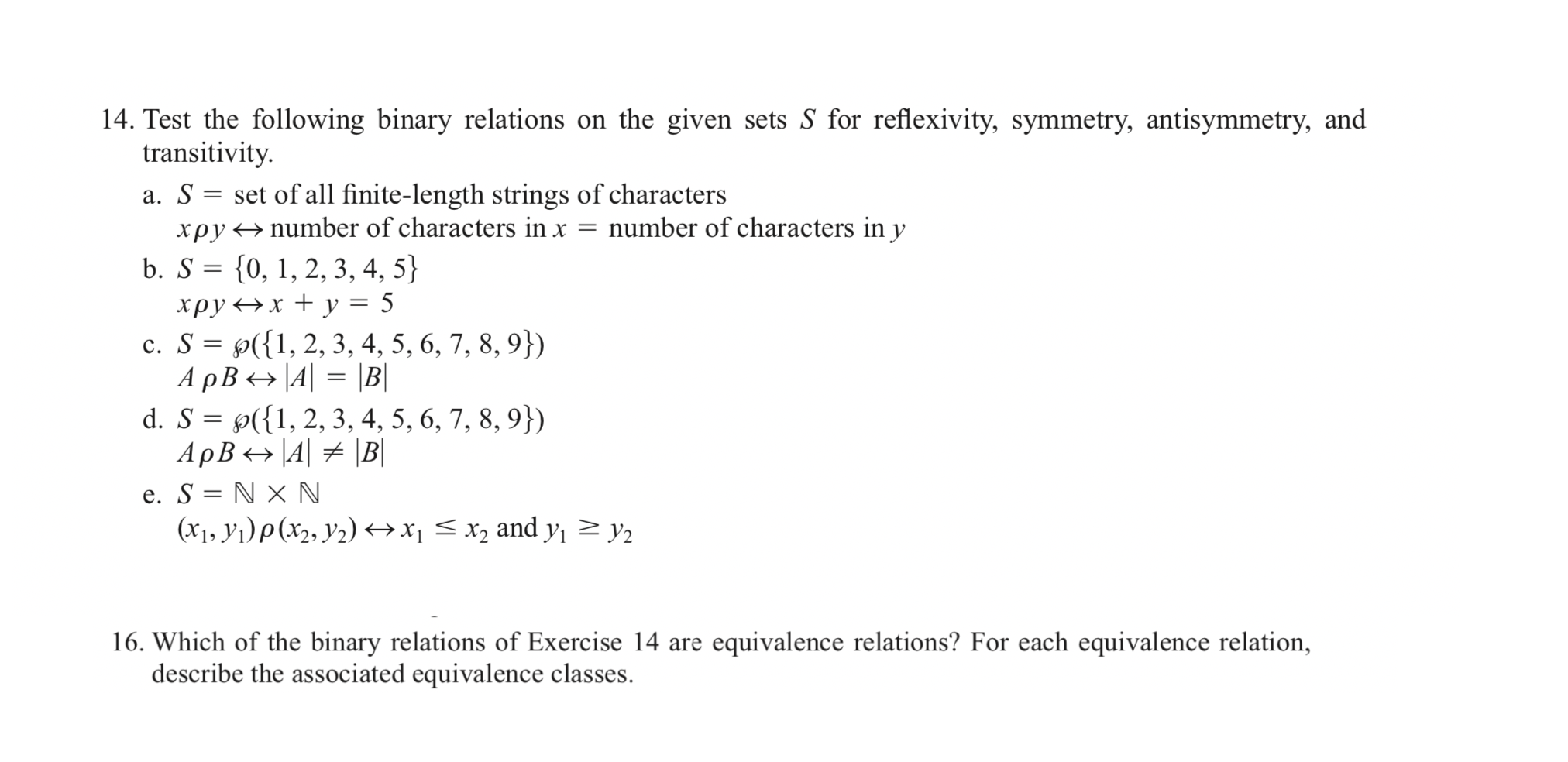 Solved 14. Test the following binary relations on the given | Chegg.com