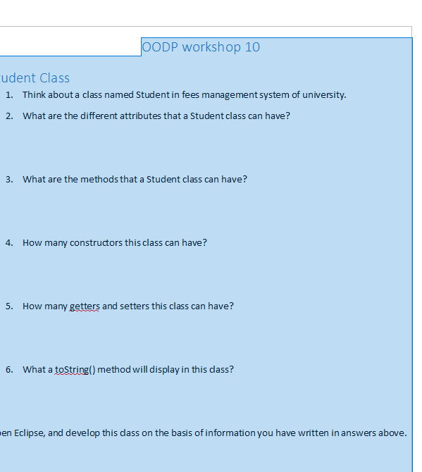 Solved OODP workshop 10 udent Class 1. Think about a class | Chegg.com