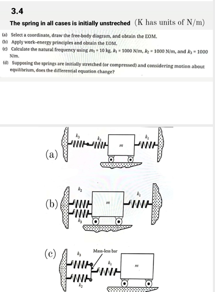 Solved 3.4 The spring in all cases is initially unstreched | Chegg.com