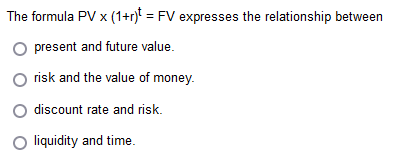 Solved The formula PV X (1+r)t = FV expresses the | Chegg.com