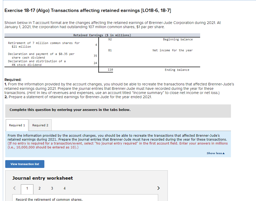 Solved Exercise 18-17 (Algo) Transactions affecting retained | Chegg.com